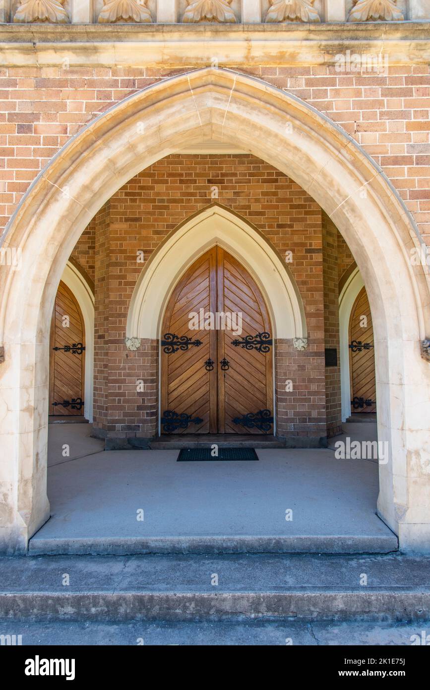 uniting church, inverell, trinity of gothic arched entrance doors Stock ...
