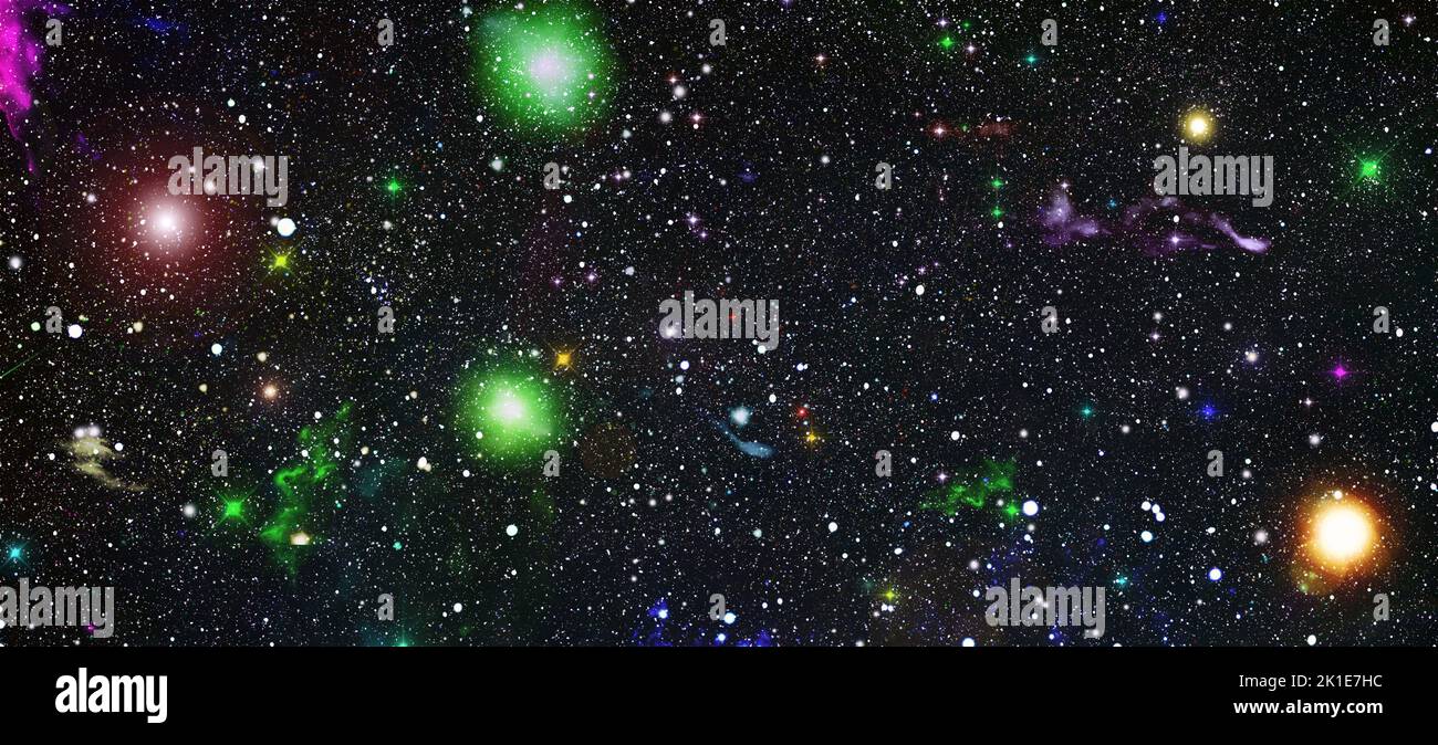 stars planets star clusters, colored gas clouds in abstract space. Outer space nebula. Galaxy ...