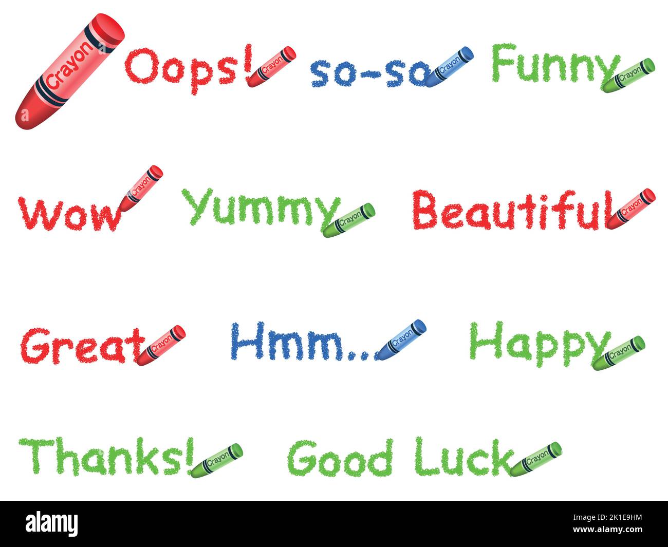 Set Of Words Written With Colorful Crayons Isolated On A White ...