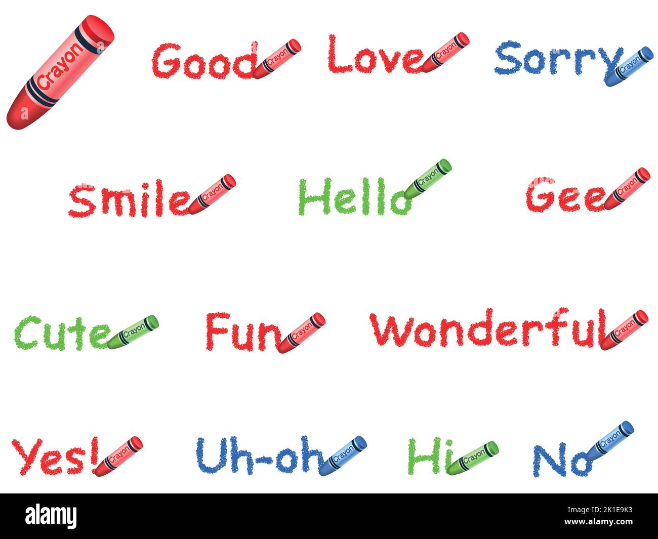 Set Of Words Written With Colorful Crayons Isolated On A White ...