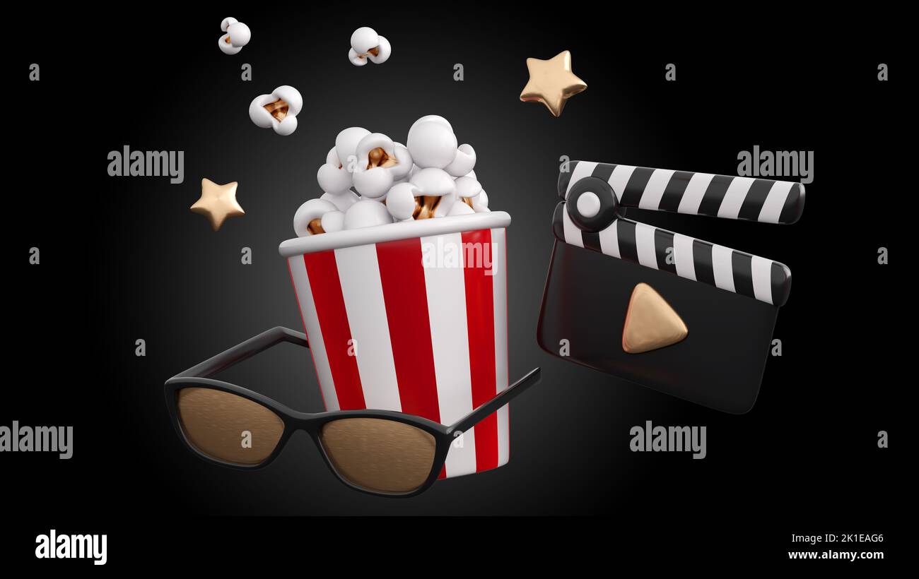 3d popcorn and glasses. Cinema, movie, film, entertainment concept ...