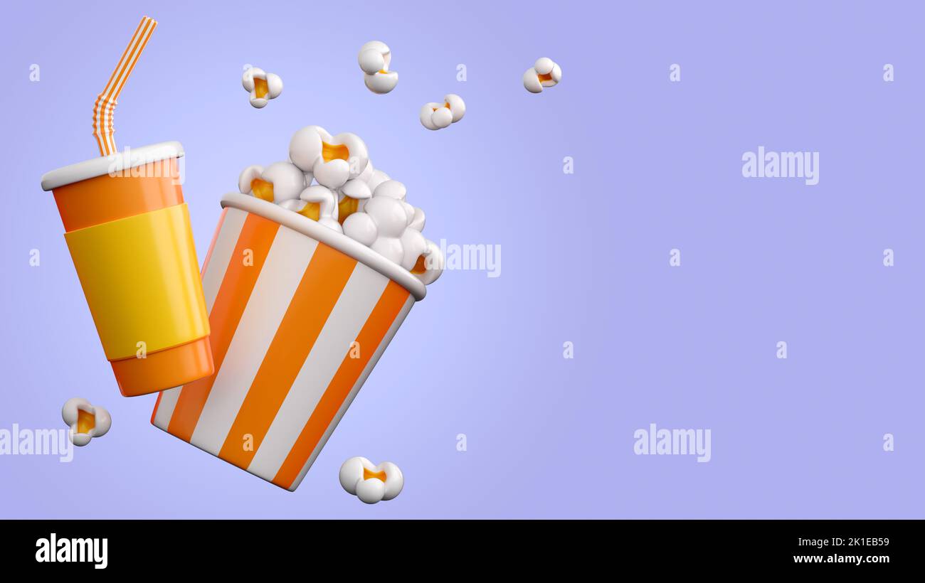 3d popcorn and paper glass drink. Cinema, movie, film, entertainment ...