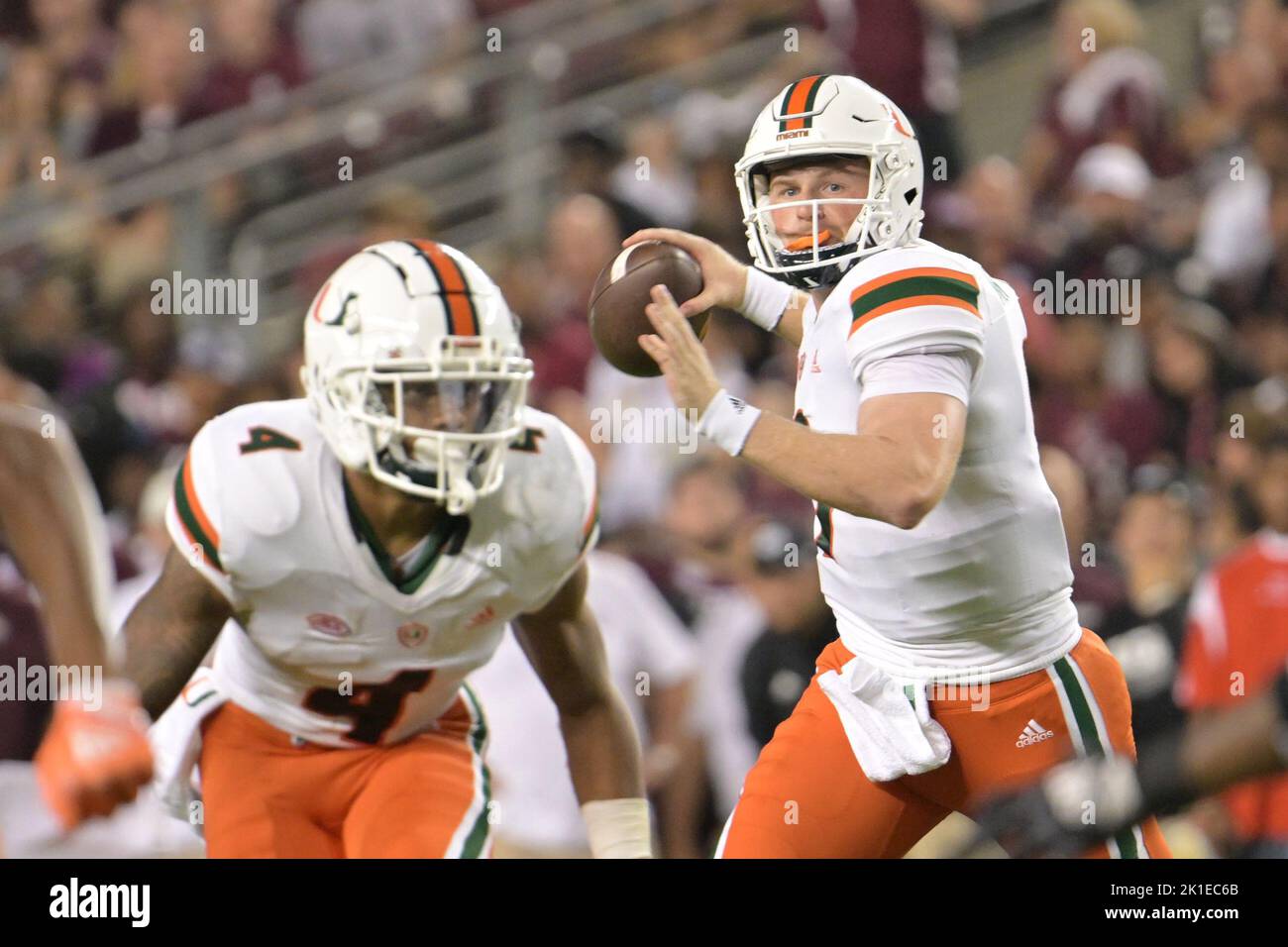 College Station, TX, USA. 17th Sep, 2022. Miami Hurricanes quarterback ...