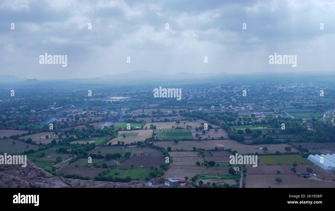 Aerial landscape view of town farms, fields, ground from top of ...