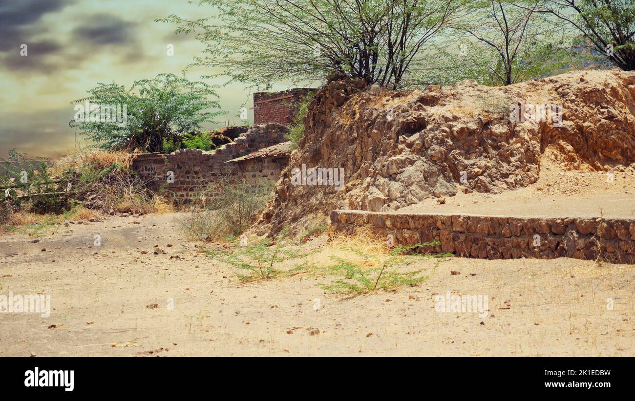 Broken, ruined, abandoned, damaged old Hut, cottage in Indian village ...