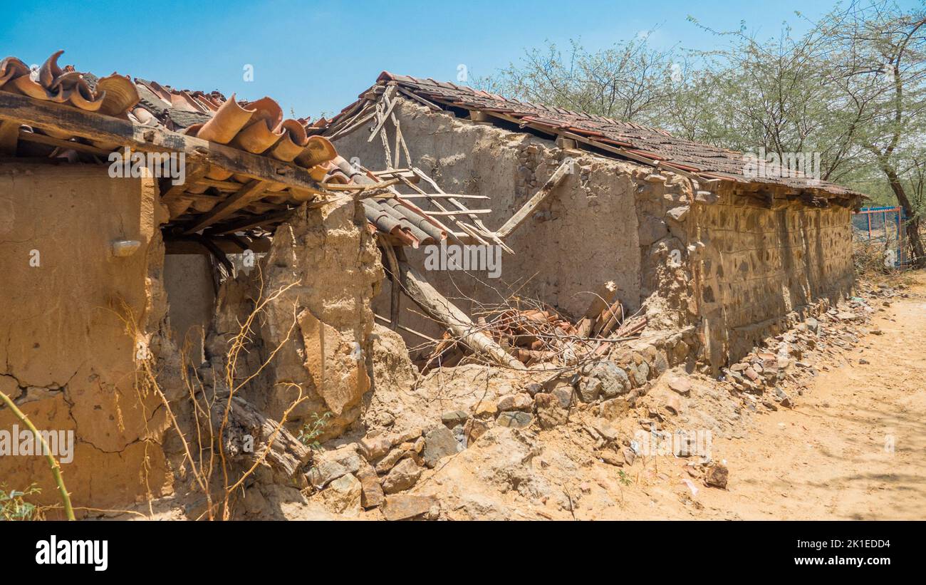Broken, ruined, abandoned, damaged old Hut, cottage in Indian village ...