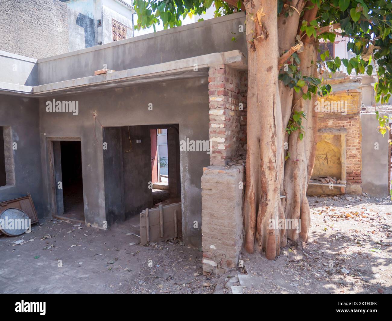 Under construction old abandoned ruined broken house in village town ...