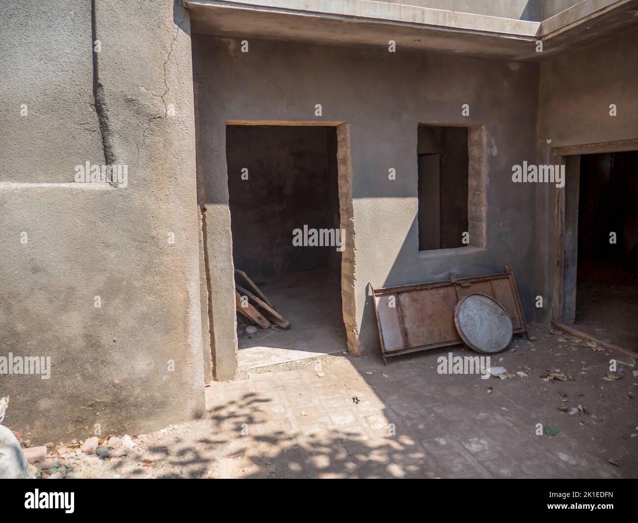 Under construction old abandoned ruined broken house in village town ...