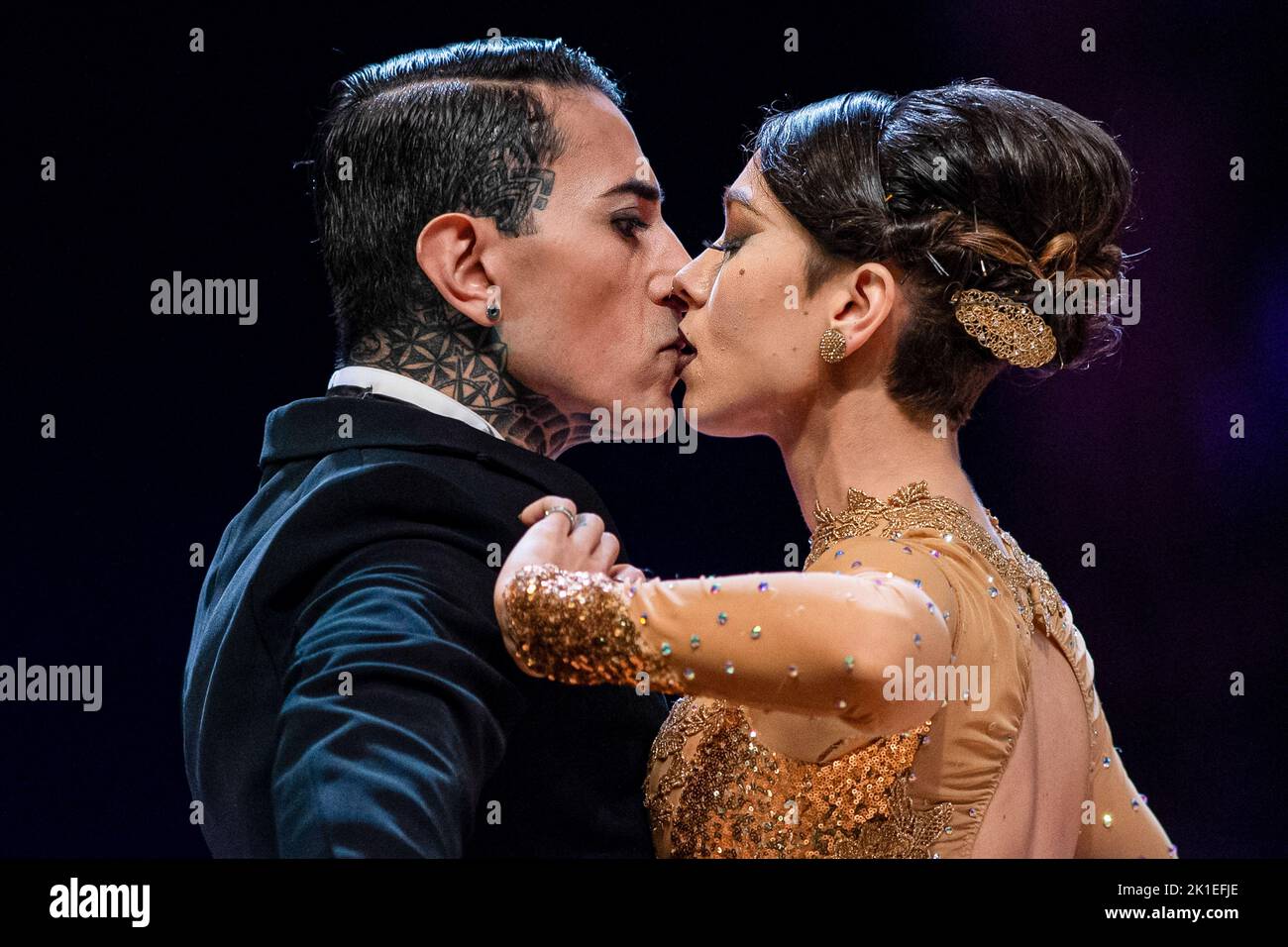 Julian Sanchez and Bruna Estellita of Argentina dance while competing in the final round of the ...