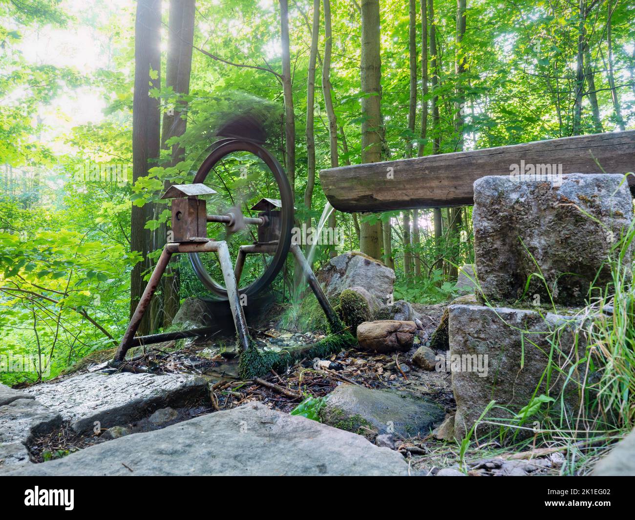 Water falling from the hollowed-out trough turns the mill wheel ...