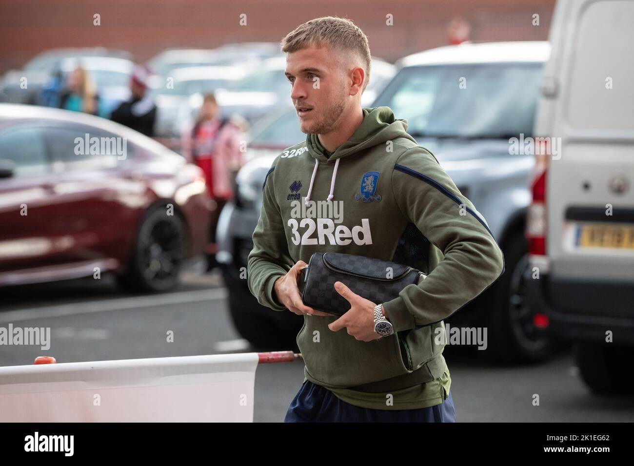Riley McGree #8 of Middlesbrough arrives at The Riverside Stadium ahead ...