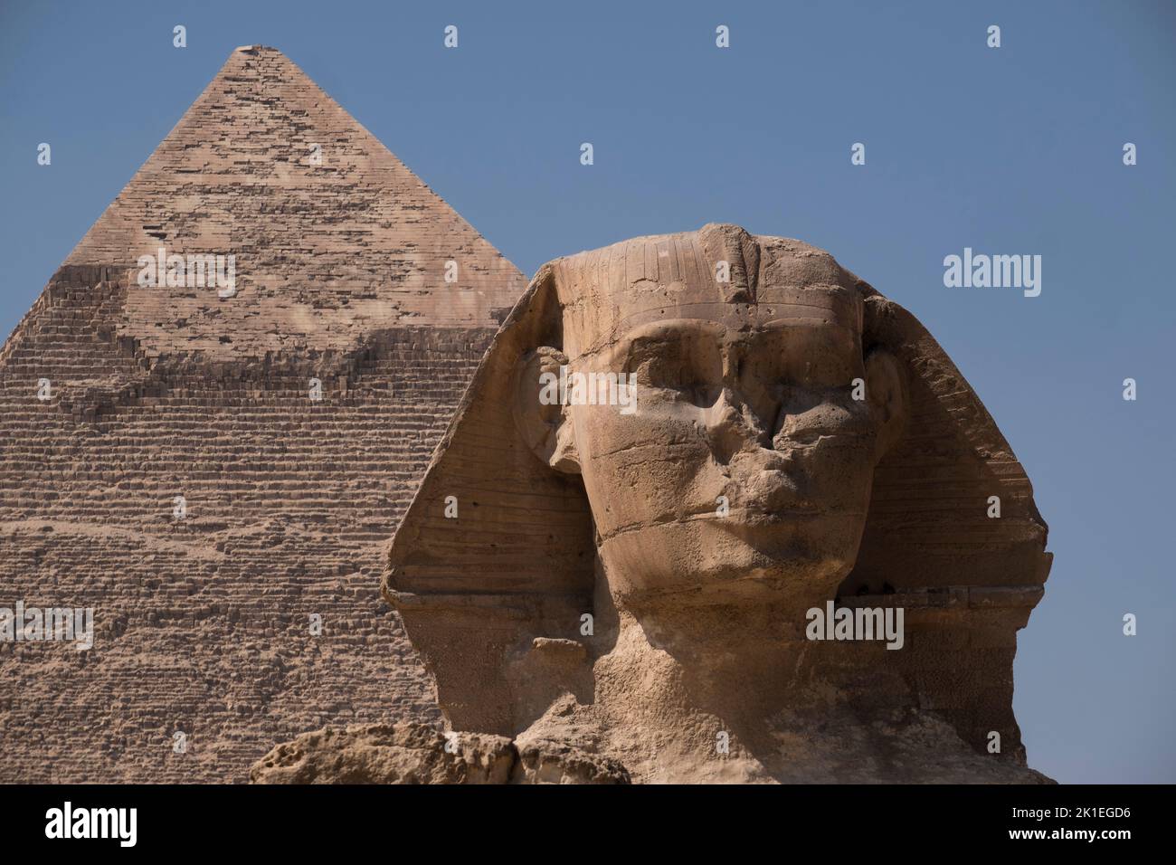 A front view of the Great Sphinx Giza and the Great Pyramid in Egypt ...
