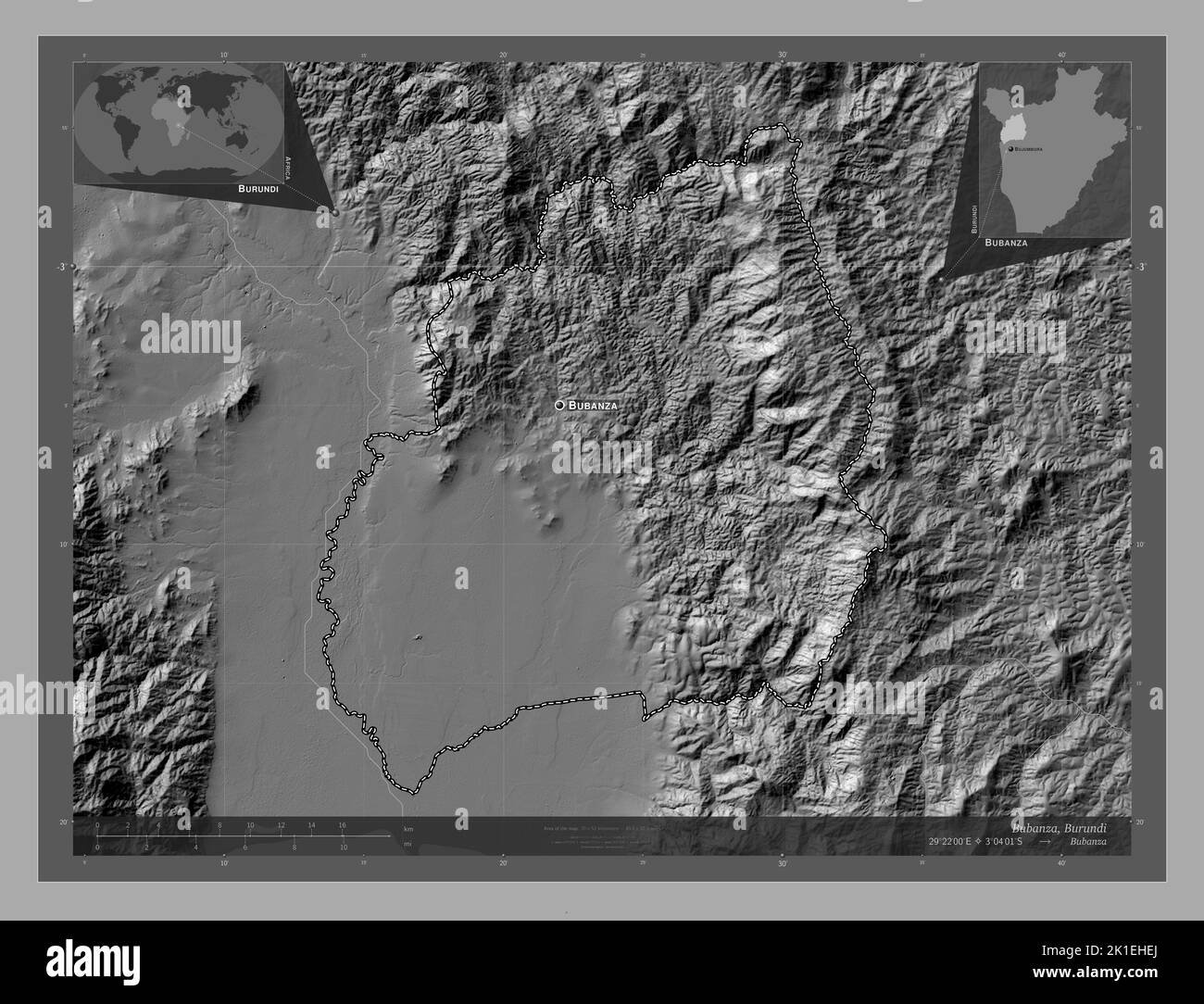 Bubanza, province of Burundi. Bilevel elevation map with lakes and ...
