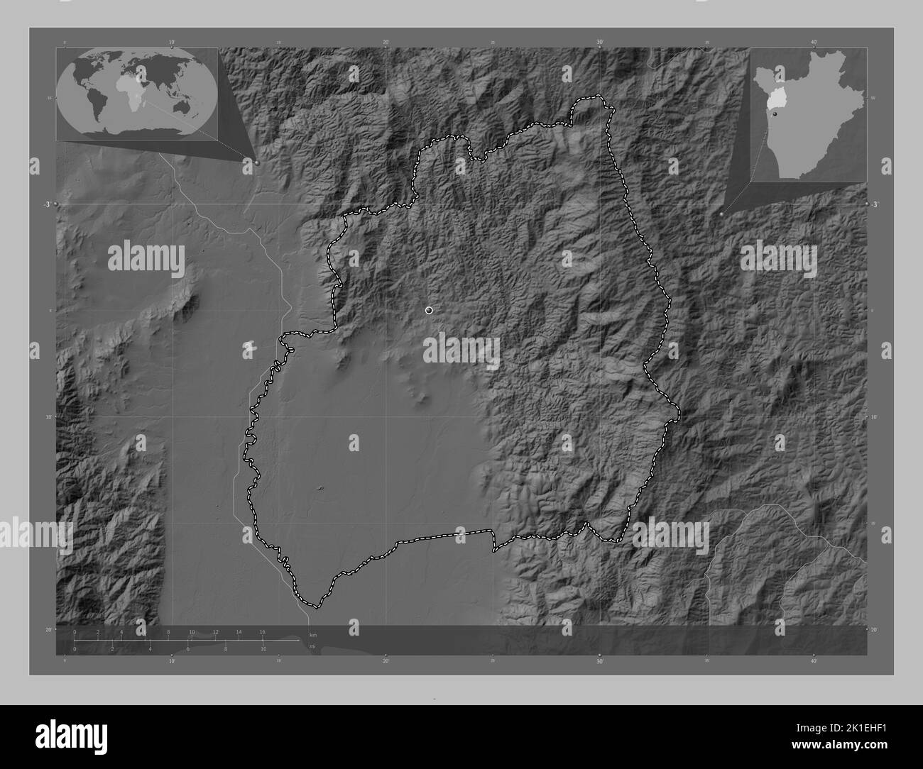 Bubanza, province of Burundi. Grayscale elevation map with lakes and ...