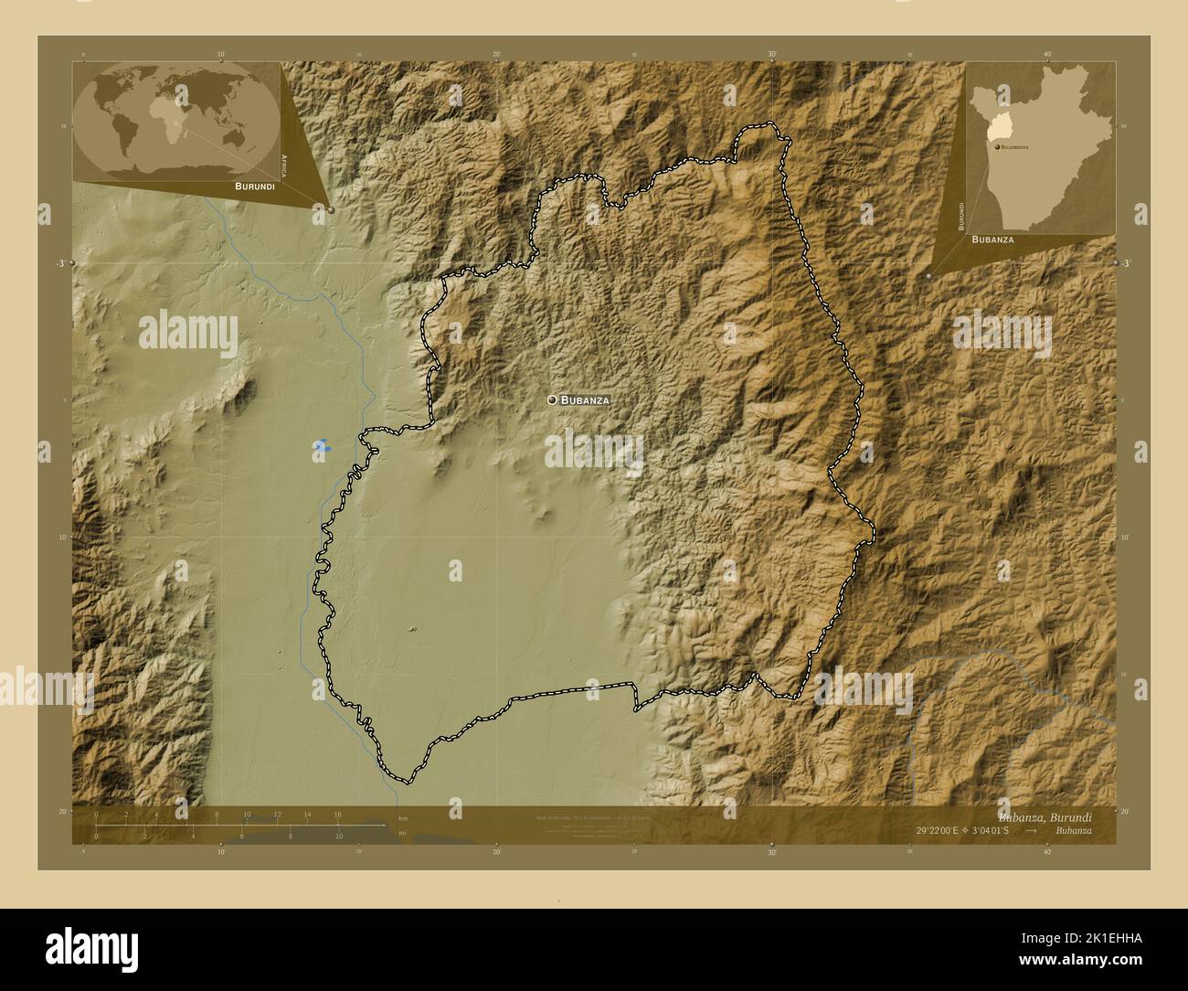 Bubanza, province of Burundi. Colored elevation map with lakes and ...