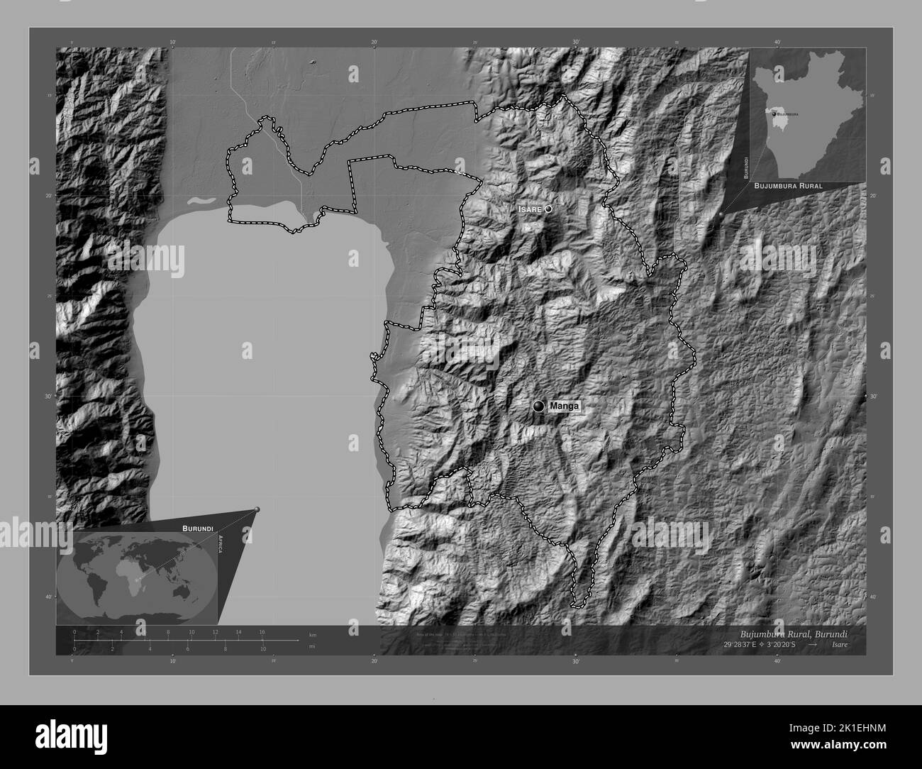 Bujumbura Rural, province of Burundi. Bilevel elevation map with lakes ...