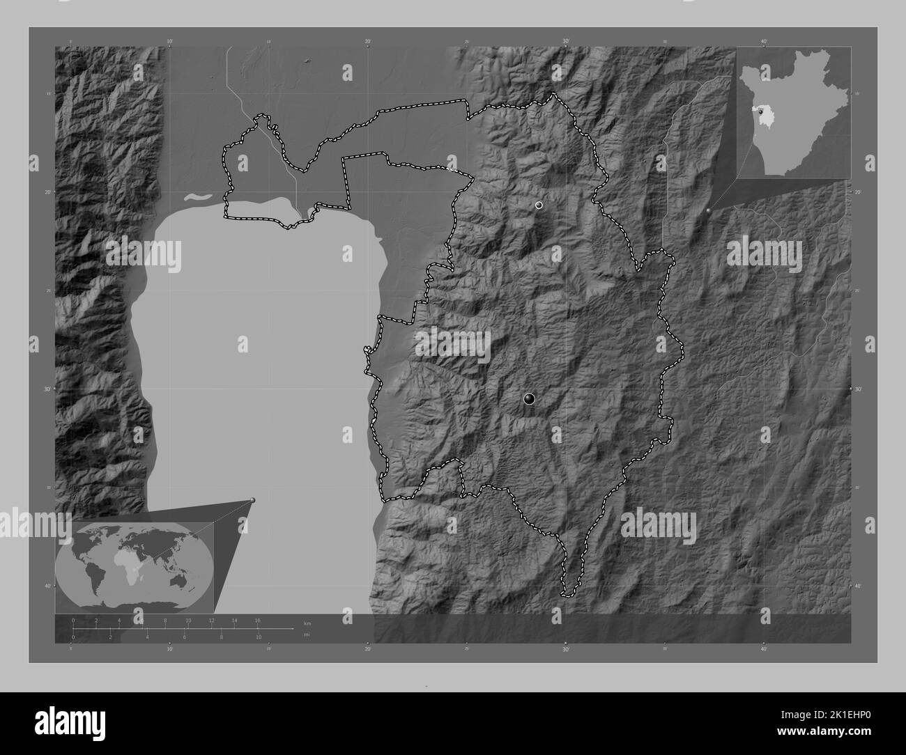 Bujumbura Rural, province of Burundi. Grayscale elevation map with ...