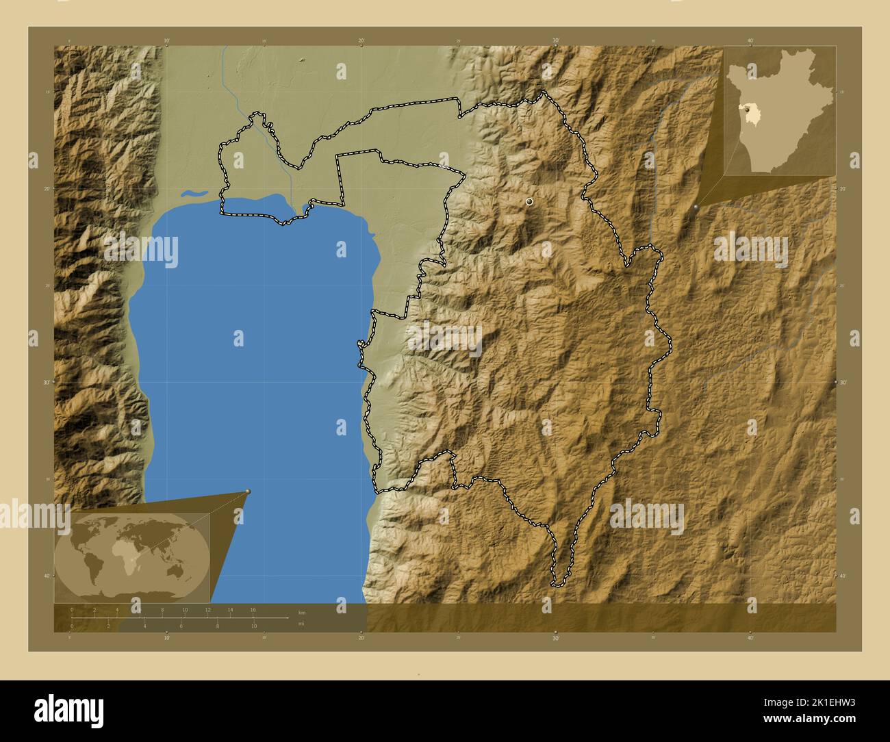 Bujumbura Rural, province of Burundi. Colored elevation map with lakes ...