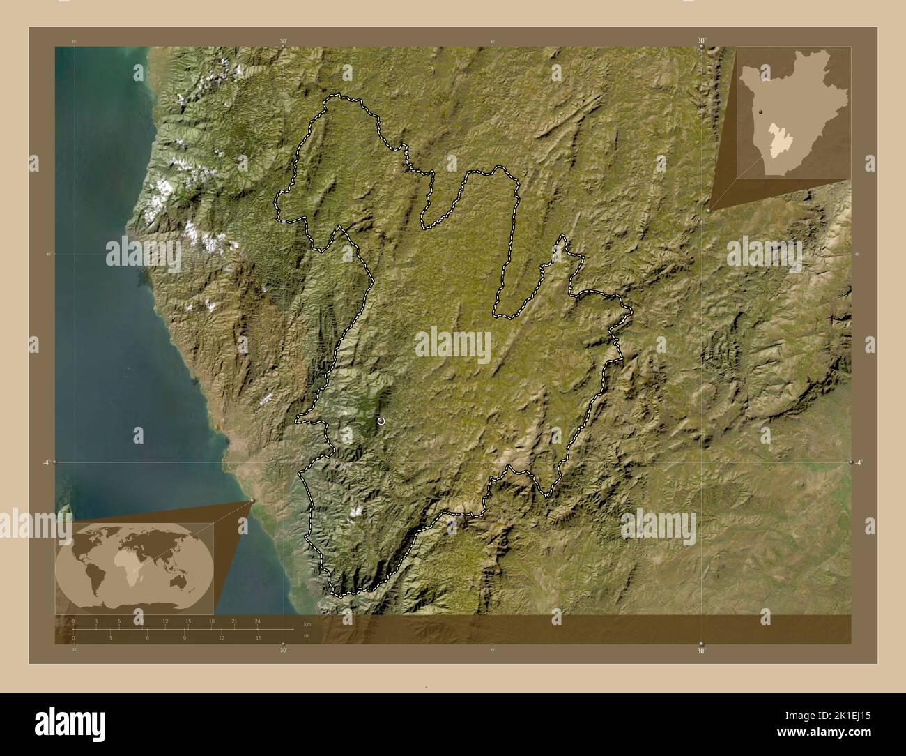 Bururi, province of Burundi. Low resolution satellite map. Locations of ...