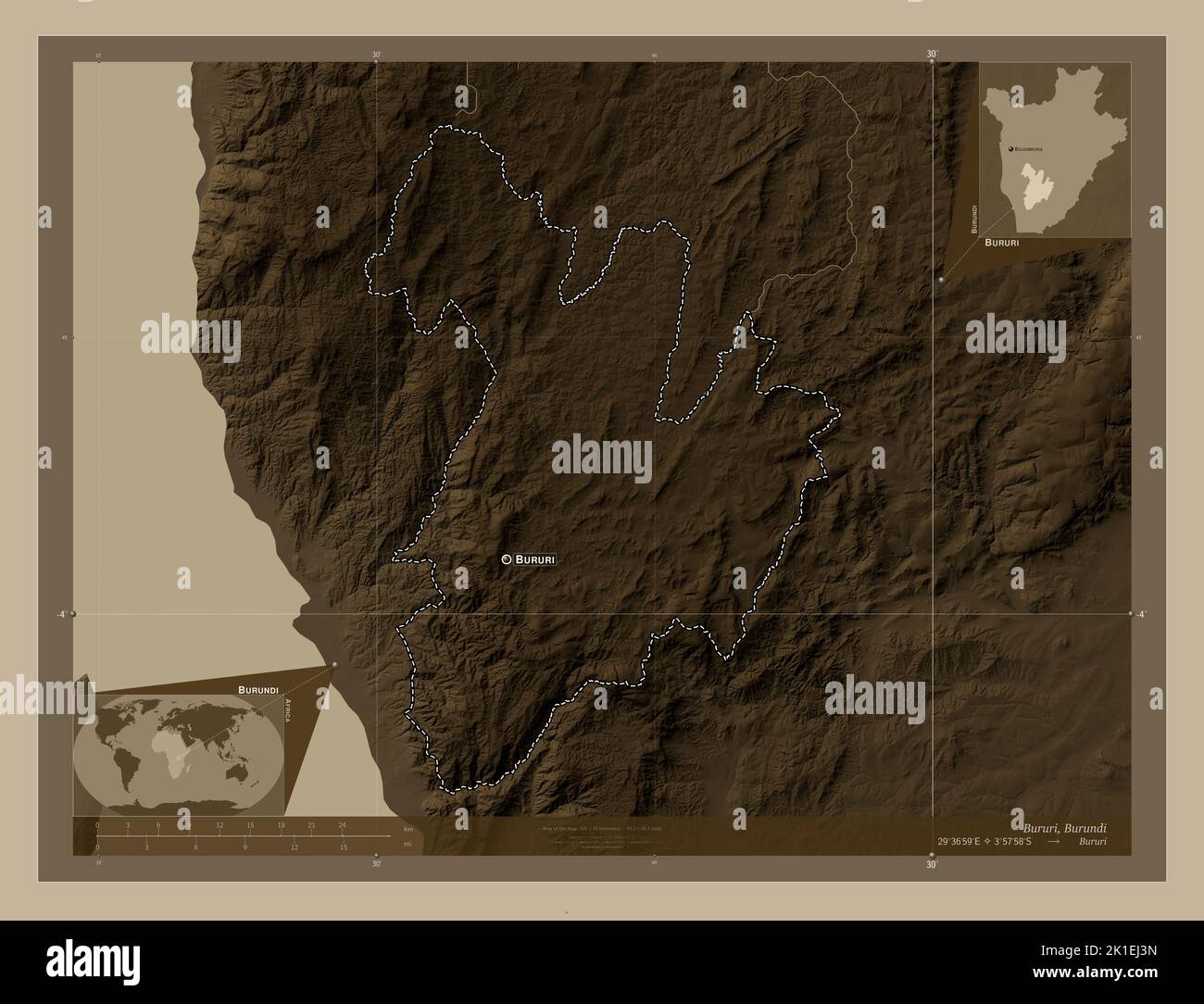 Bururi, province of Burundi. Elevation map colored in sepia tones with ...