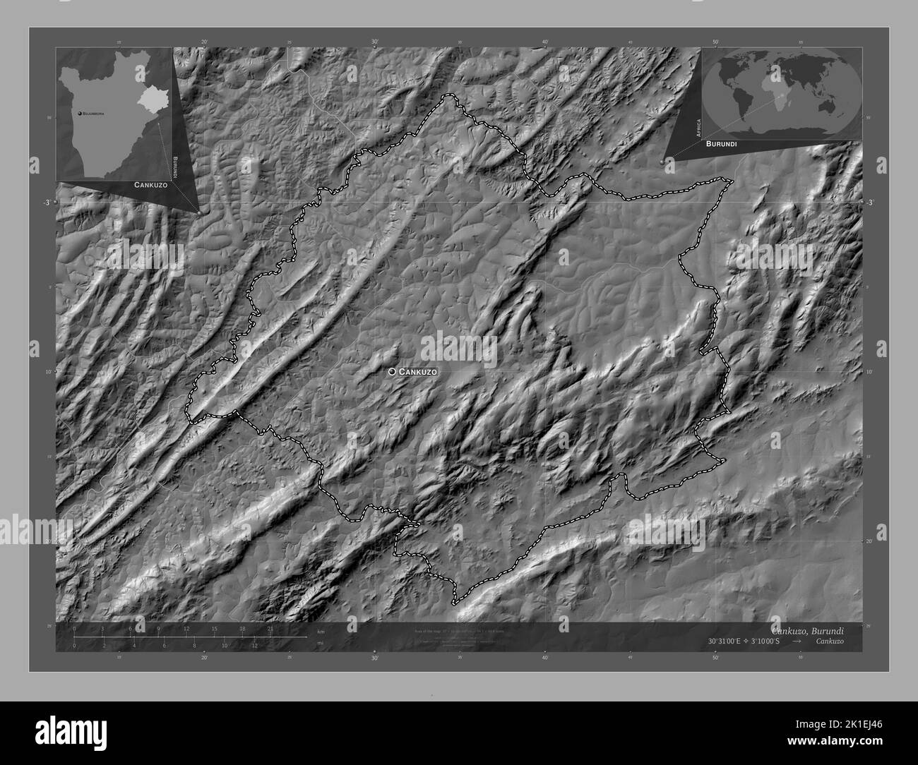 Cankuzo, province of Burundi. Bilevel elevation map with lakes and ...