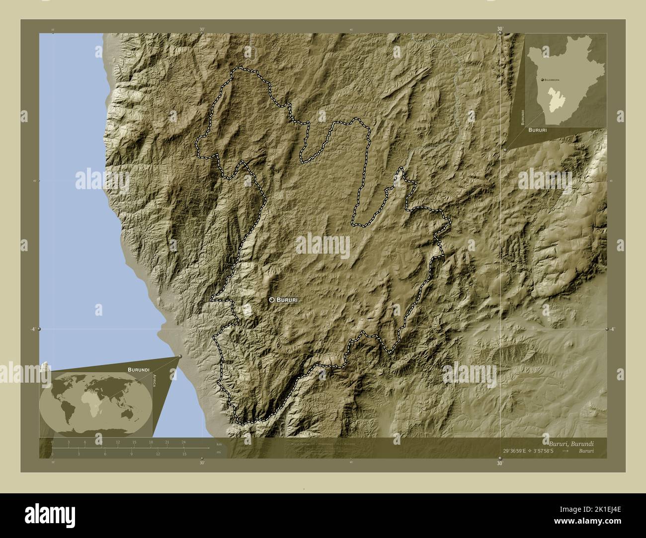 Bururi, province of Burundi. Elevation map colored in wiki style with ...