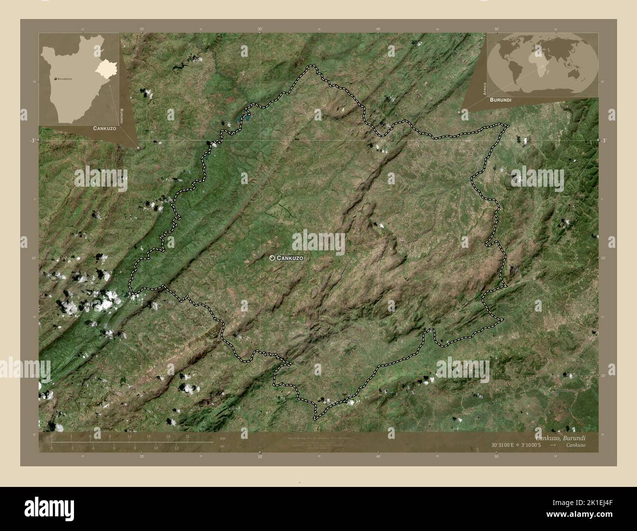 Cankuzo, province of Burundi. High resolution satellite map. Locations ...