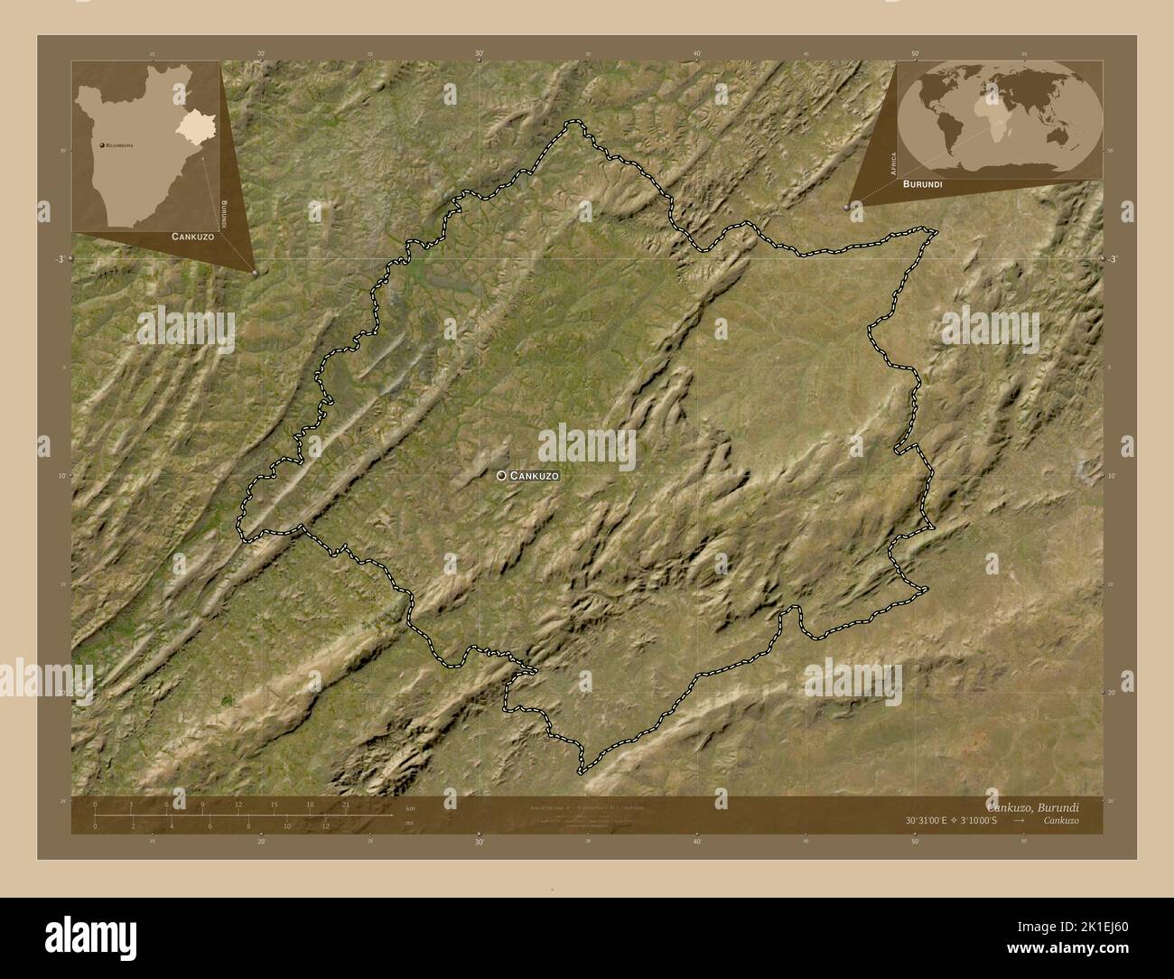 Cankuzo, province of Burundi. Low resolution satellite map. Locations ...