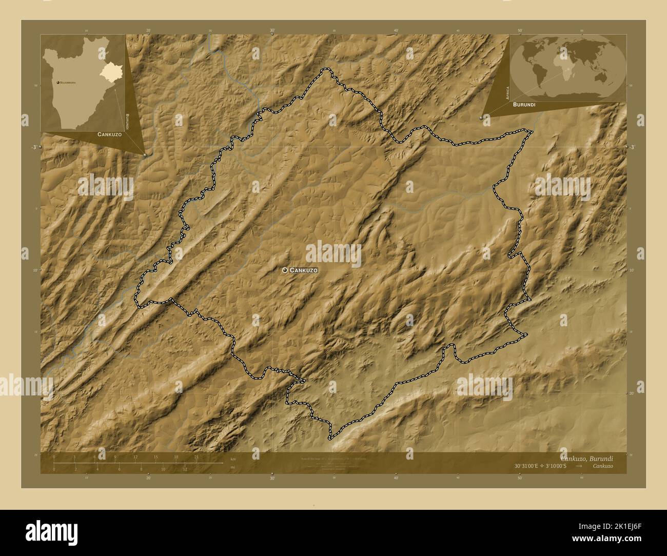 Cankuzo, province of Burundi. Colored elevation map with lakes and ...