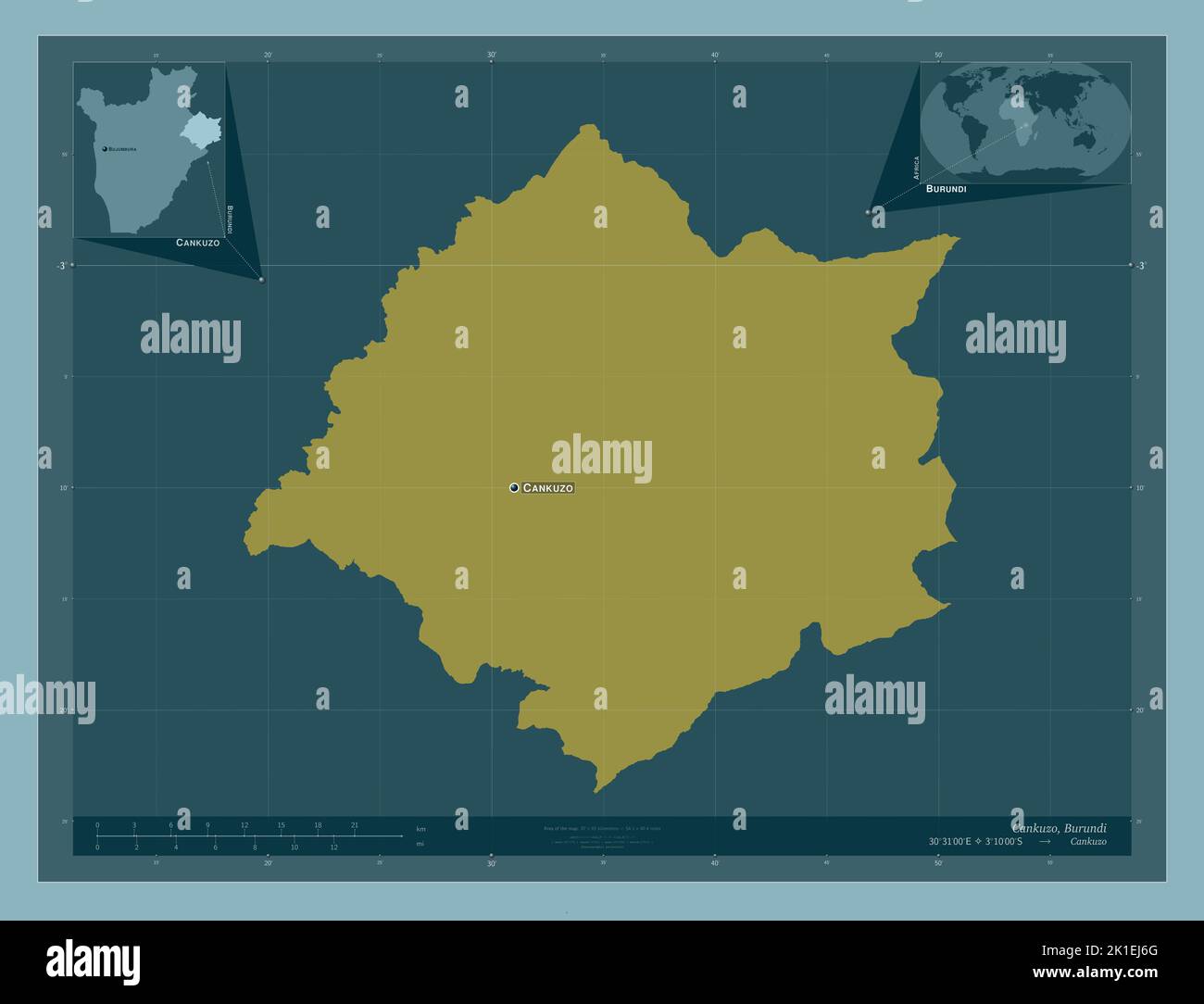 Cankuzo, province of Burundi. Solid color shape. Locations and names of ...