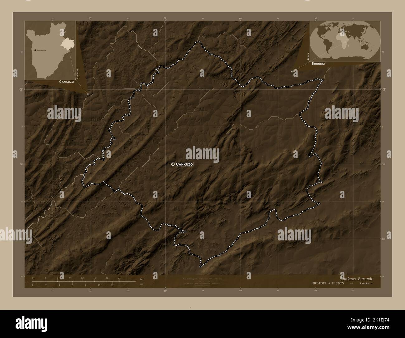 Cankuzo, province of Burundi. Elevation map colored in sepia tones with ...