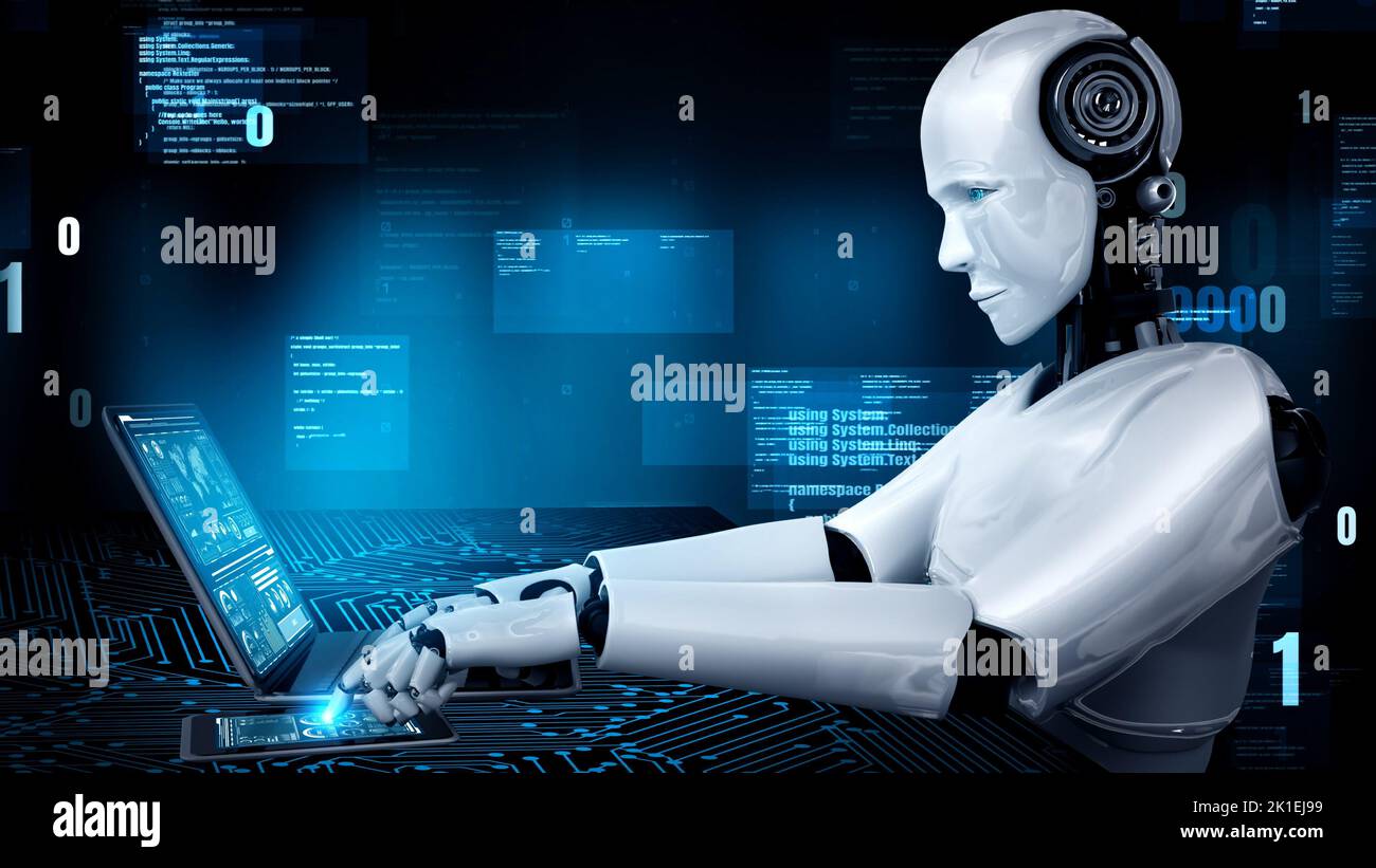 Futuristic robot artificial intelligence huminoid AI programming coding technology development ...
