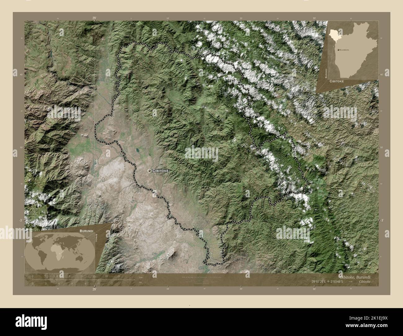 Cibitoke, province of Burundi. High resolution satellite map. Locations ...