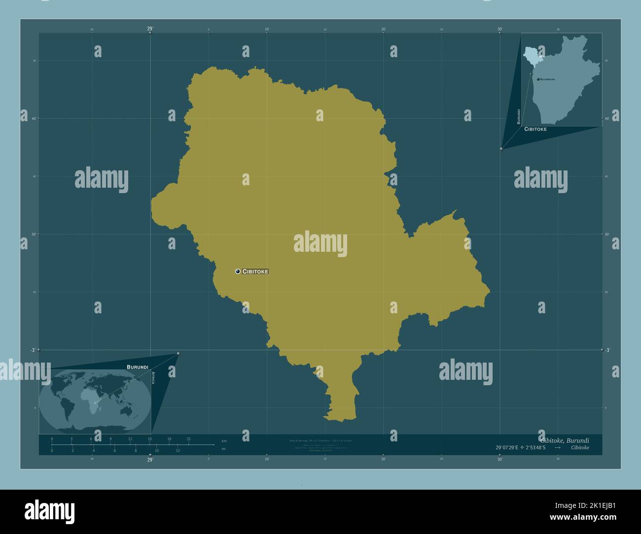Cibitoke, province of Burundi. Solid color shape. Locations and names ...