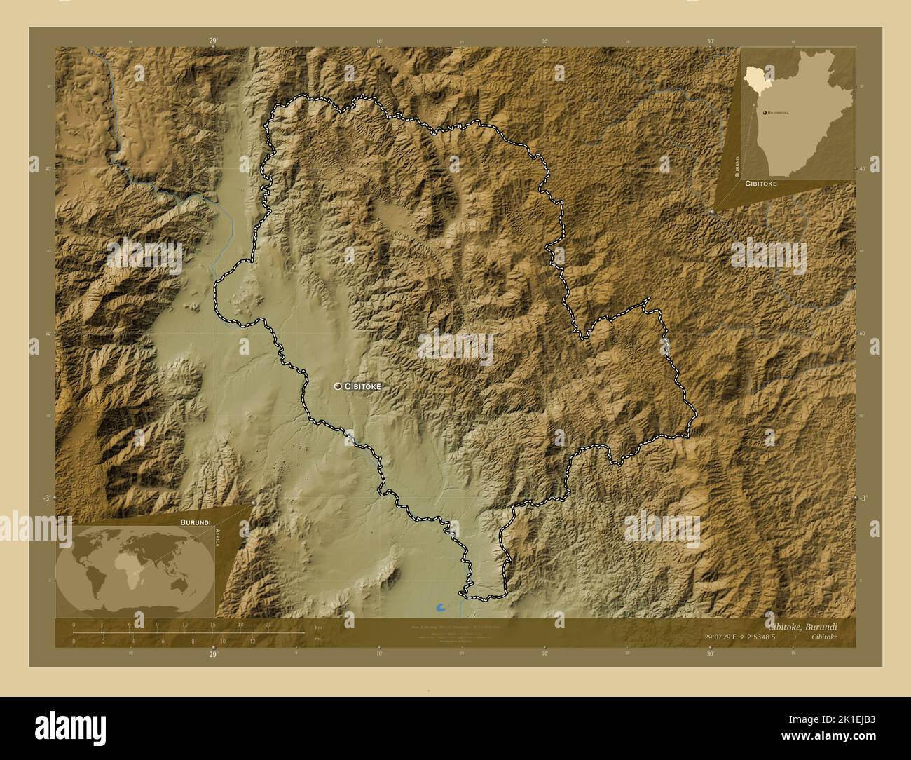 Cibitoke, province of Burundi. Colored elevation map with lakes and ...