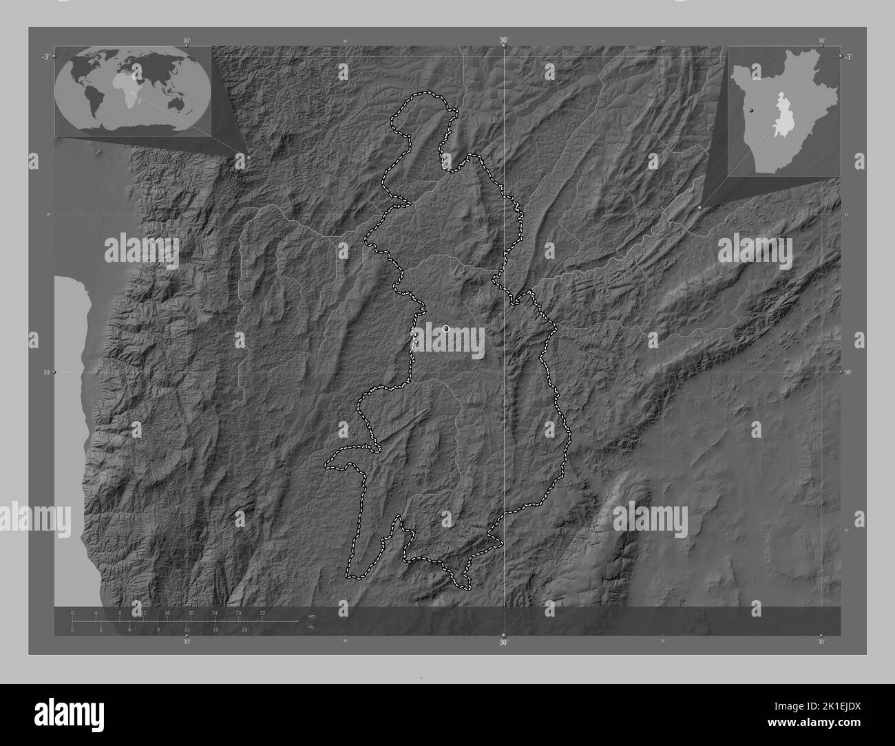 Gitega, province of Burundi. Grayscale elevation map with lakes and ...