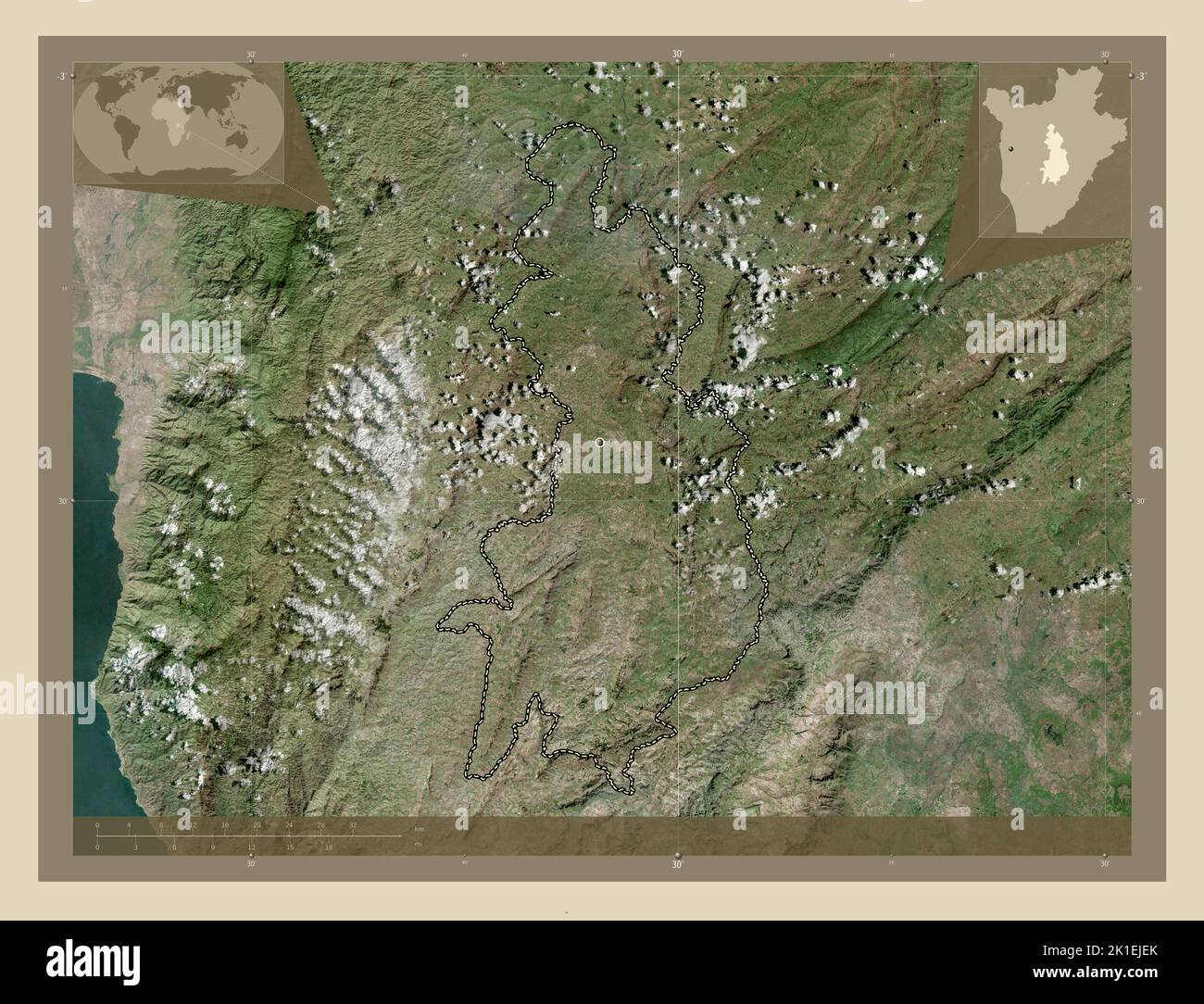 Gitega, province of Burundi. High resolution satellite map. Corner ...