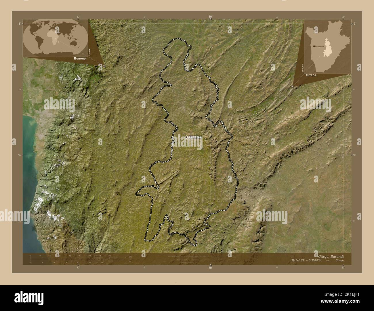 Gitega, province of Burundi. Low resolution satellite map. Locations ...