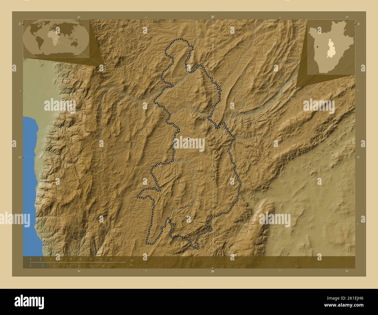 Gitega, province of Burundi. Colored elevation map with lakes and ...