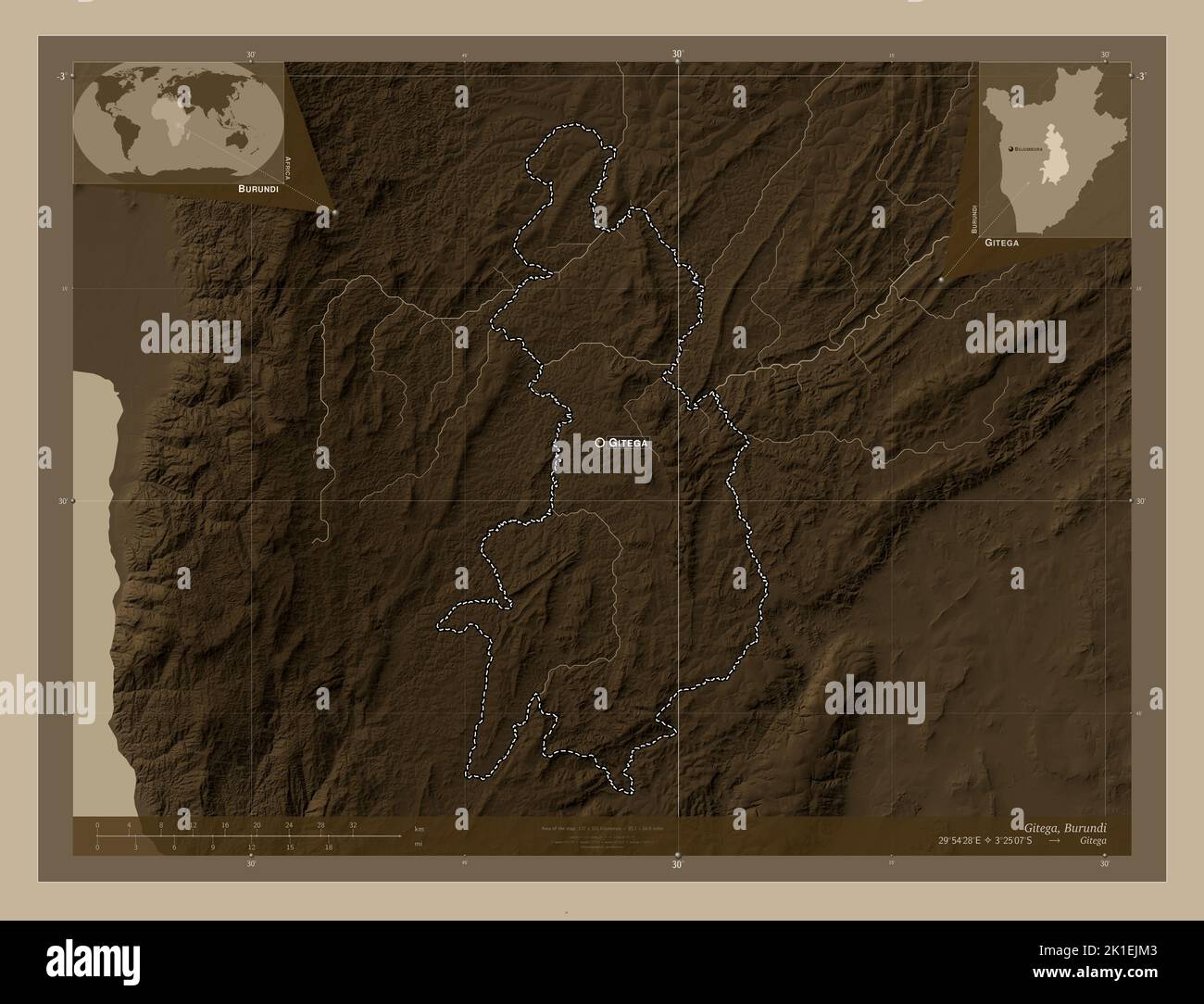 Gitega, province of Burundi. Elevation map colored in sepia tones with ...