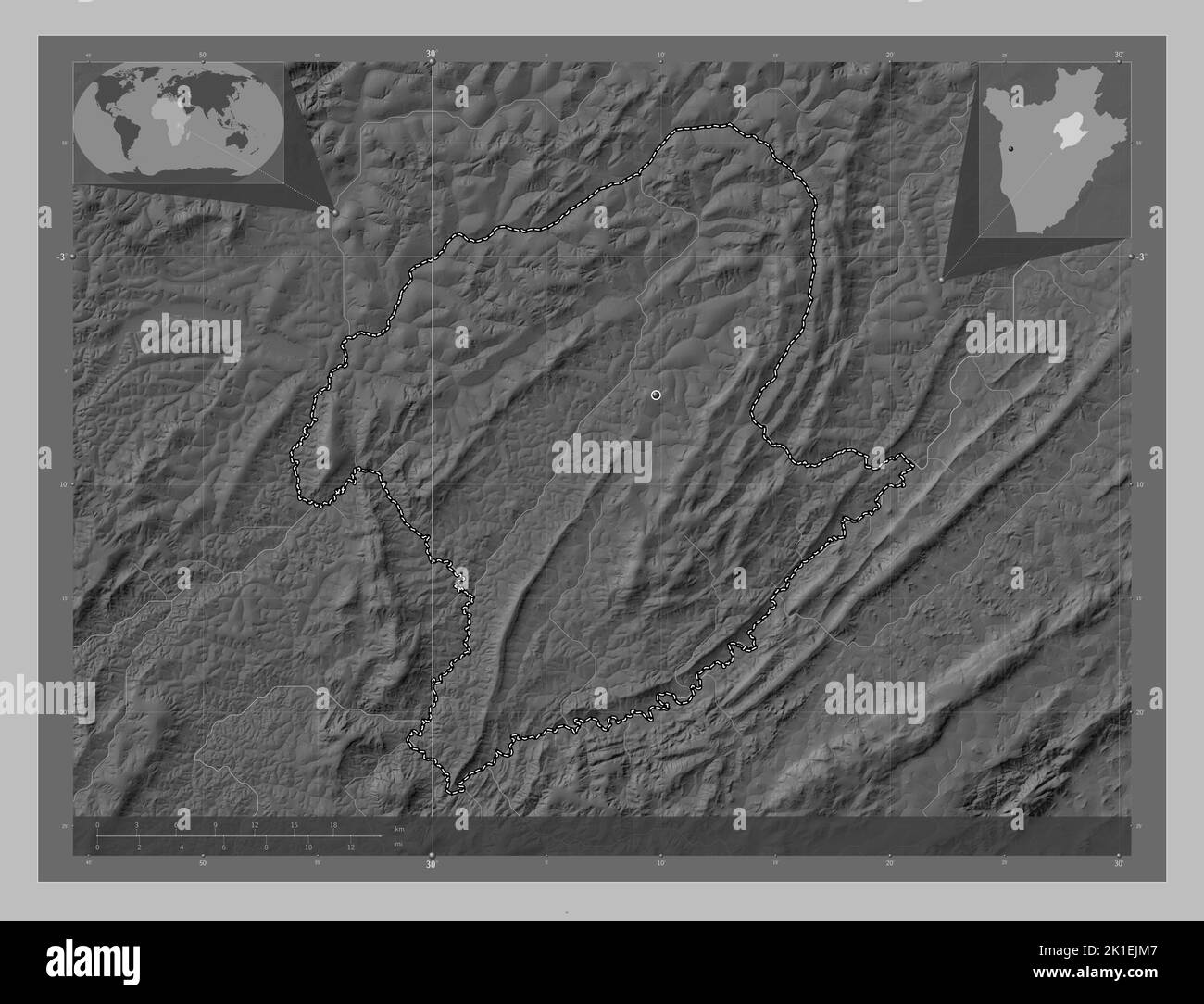 Karuzi, province of Burundi. Grayscale elevation map with lakes and ...