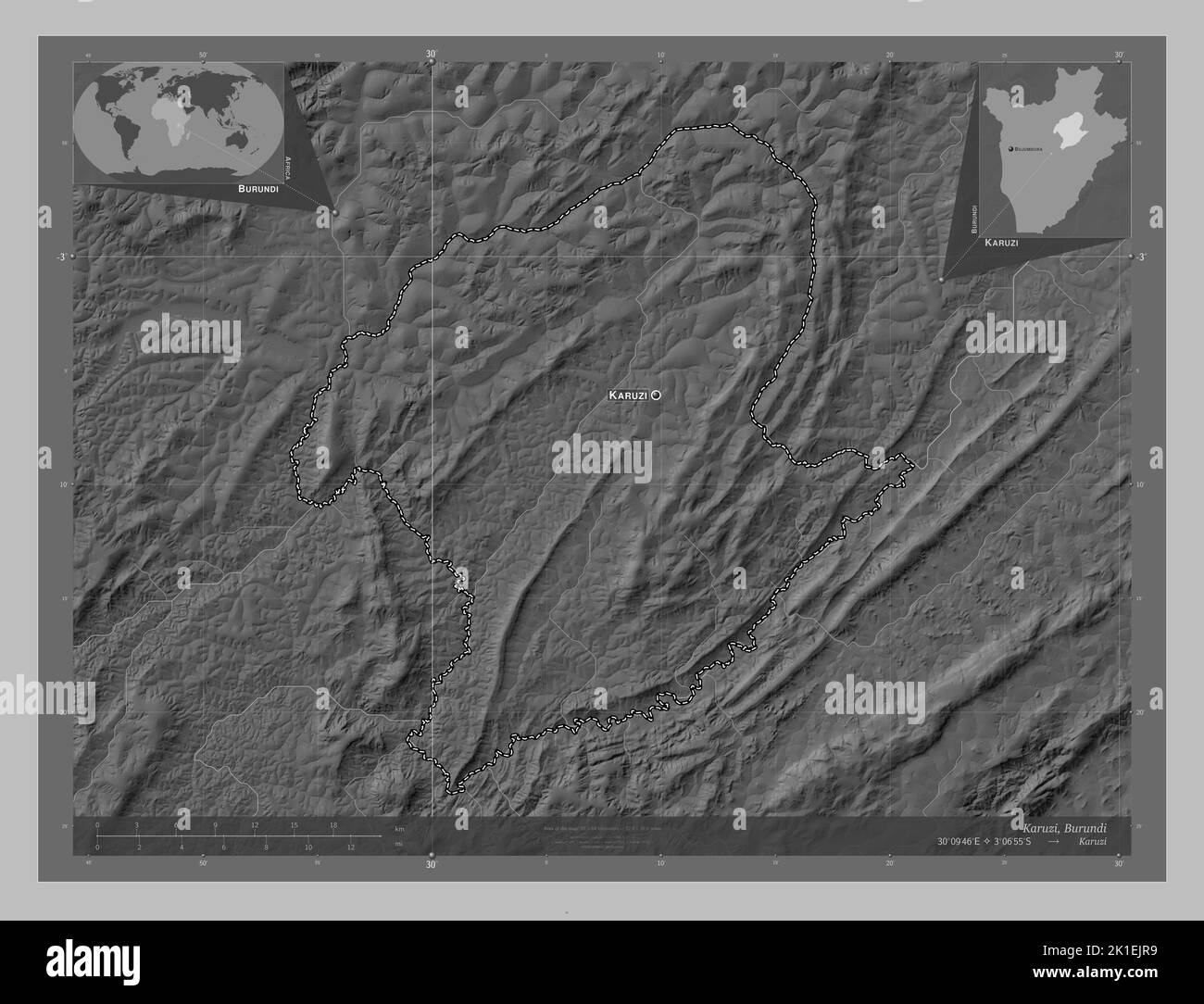 Karuzi, province of Burundi. Grayscale elevation map with lakes and ...