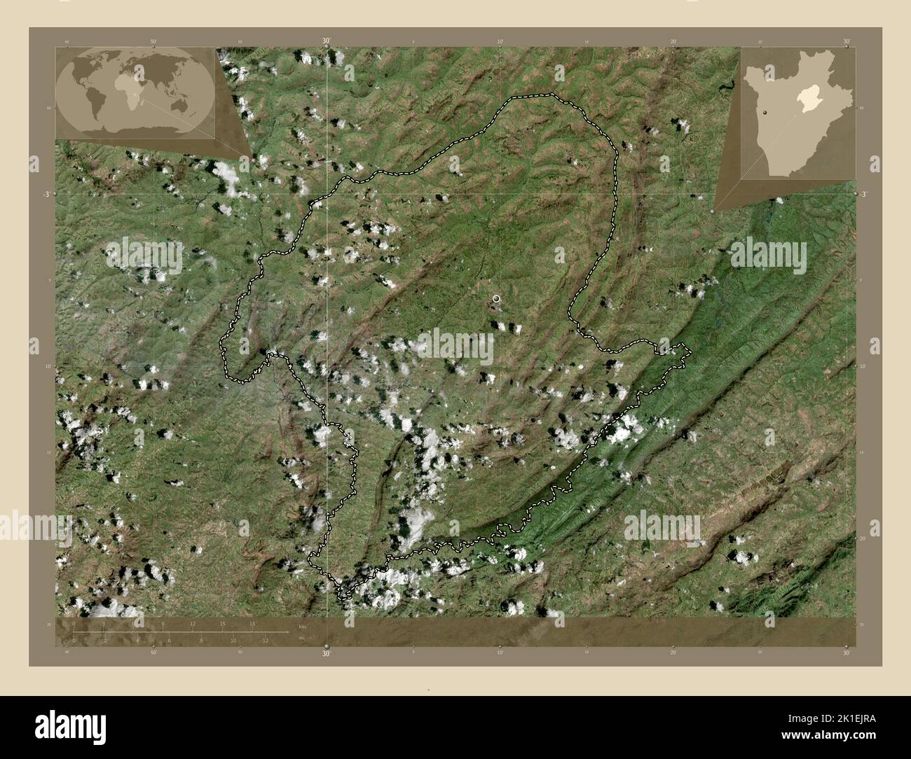 Karuzi, province of Burundi. High resolution satellite map. Locations ...