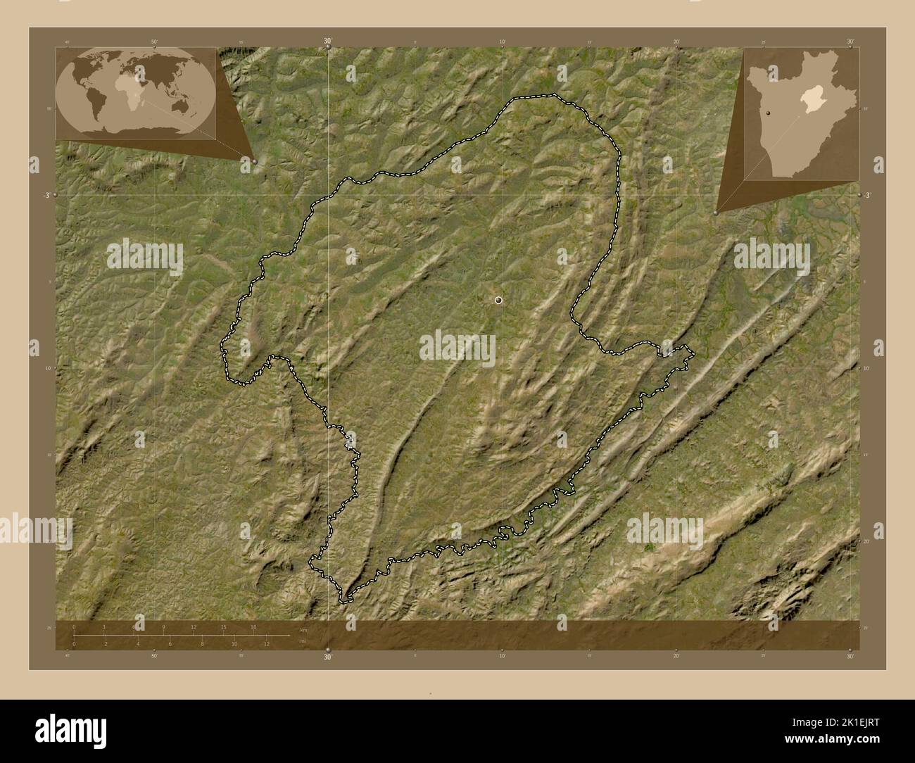 Karuzi, province of Burundi. Low resolution satellite map. Corner ...