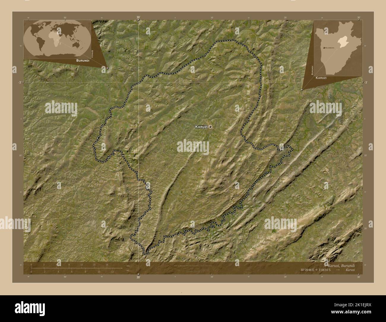 Karuzi, province of Burundi. Low resolution satellite map. Locations ...