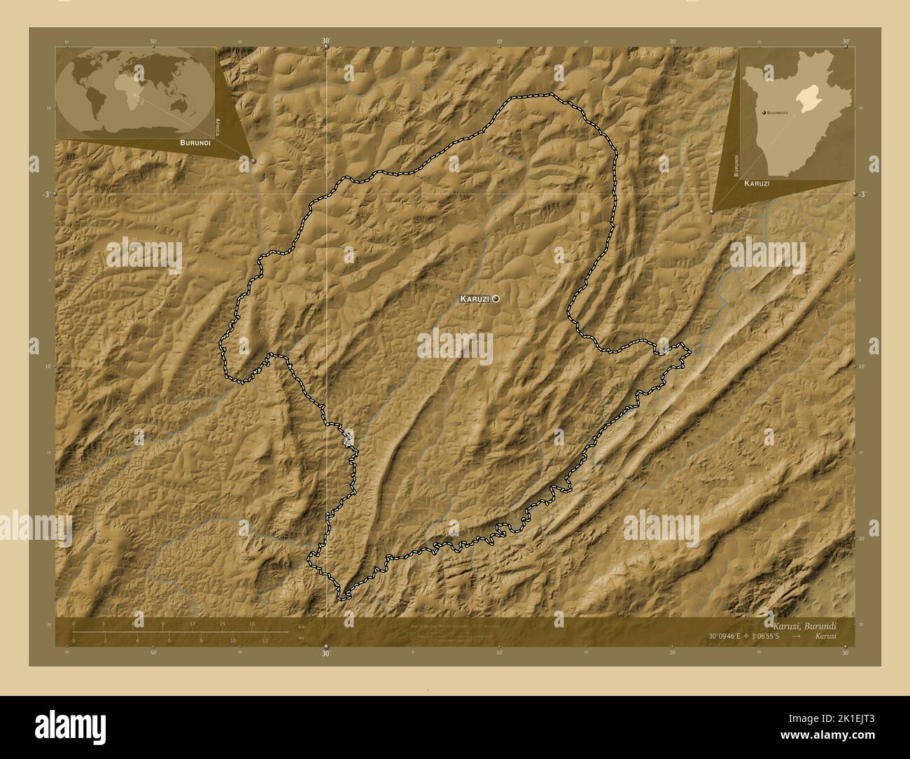 Karuzi, province of Burundi. Colored elevation map with lakes and ...