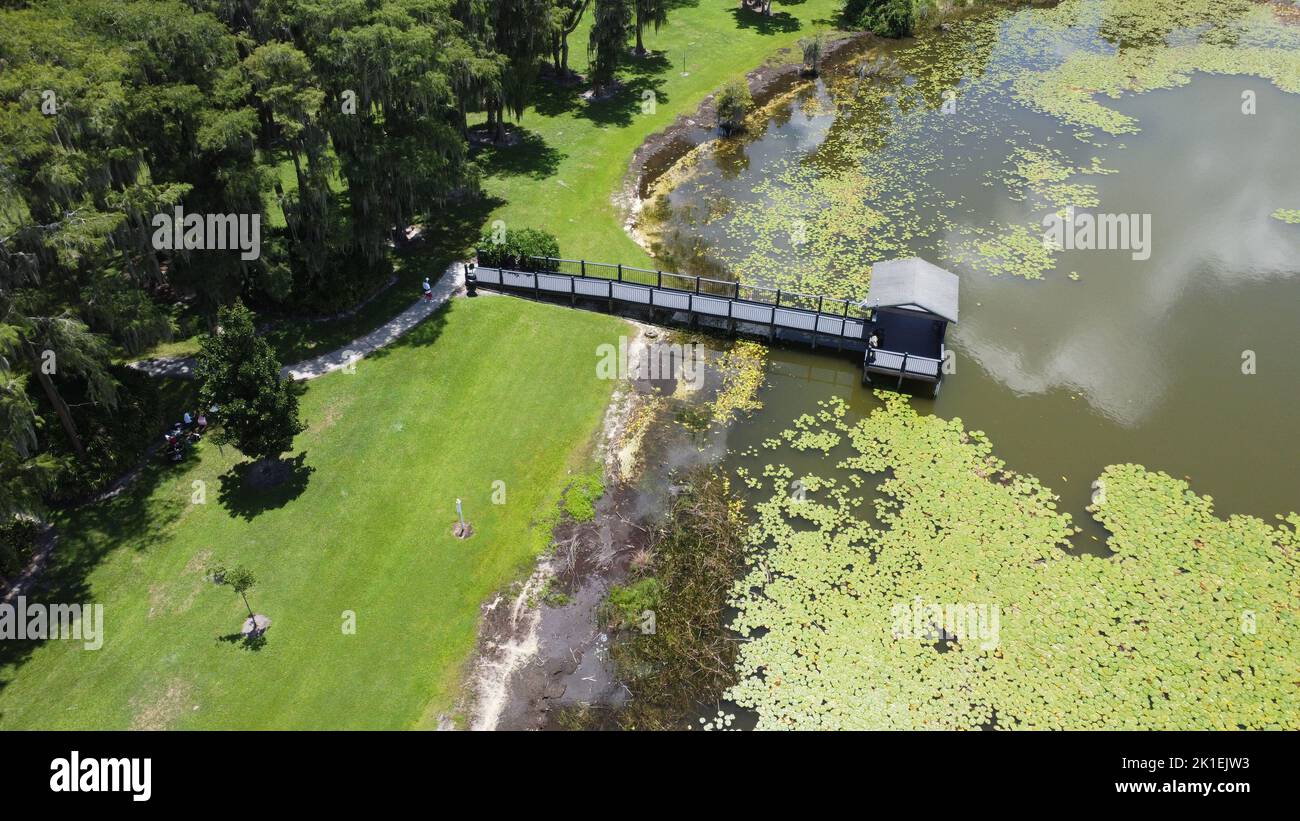 A floating house on a pond, aerial view Stock Photo - Alamy