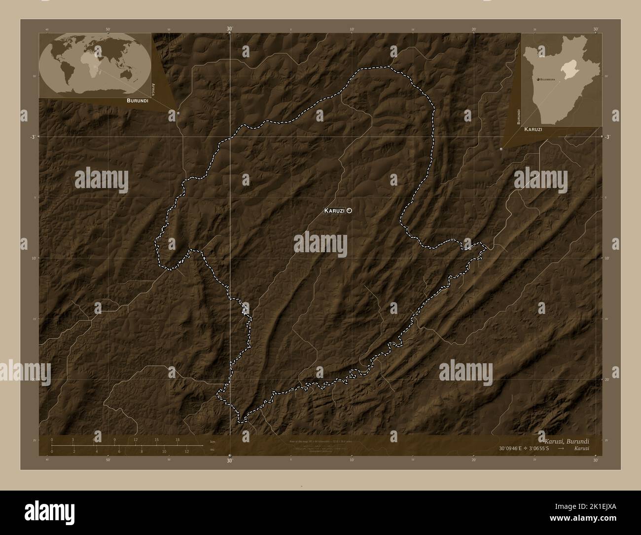 Karuzi, province of Burundi. Elevation map colored in sepia tones with ...