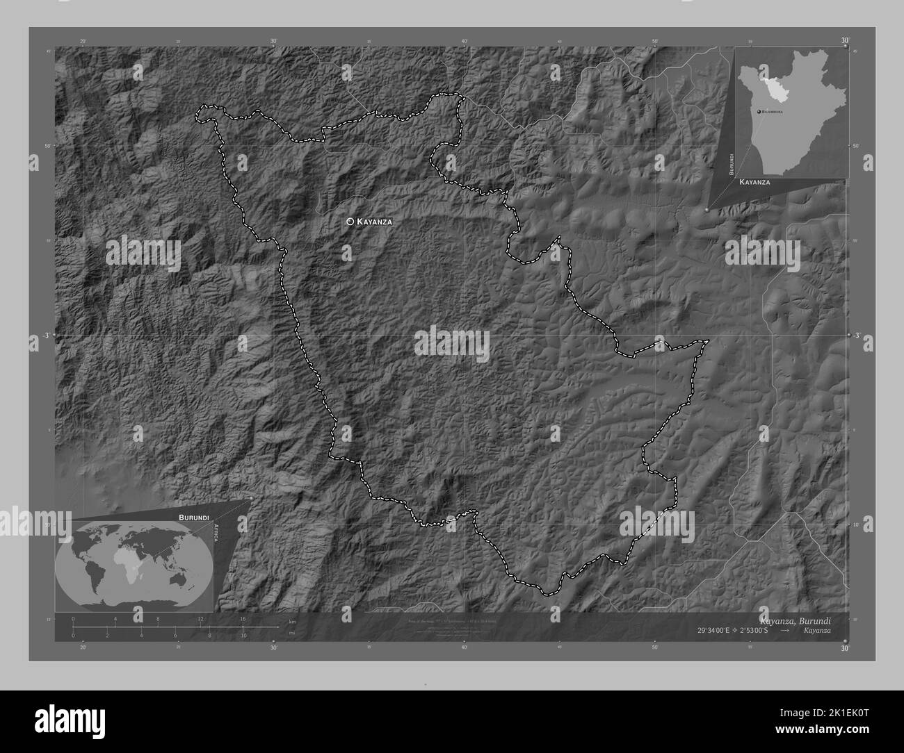 Kayanza, province of Burundi. Grayscale elevation map with lakes and ...