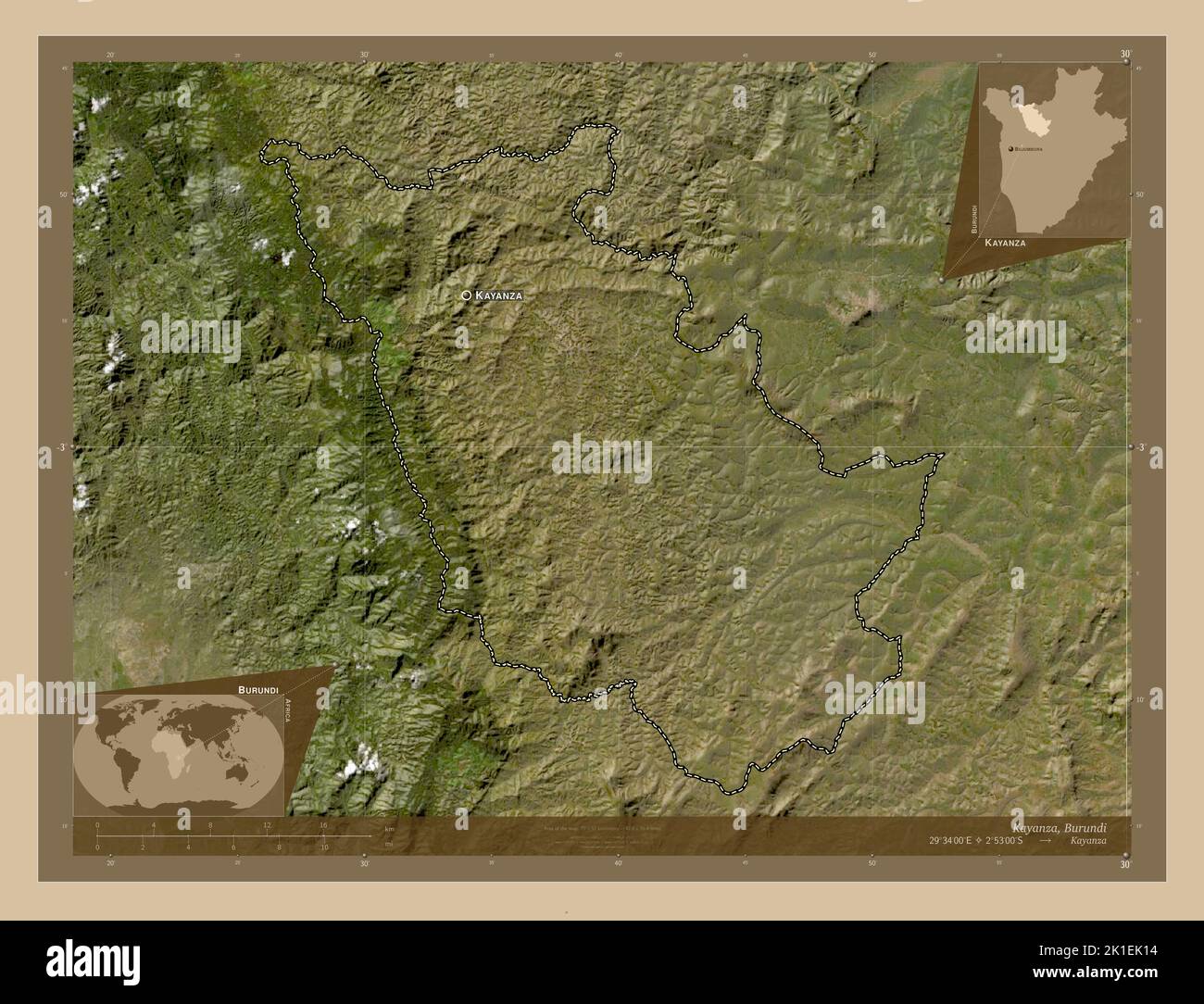 Kayanza, province of Burundi. Low resolution satellite map. Locations ...